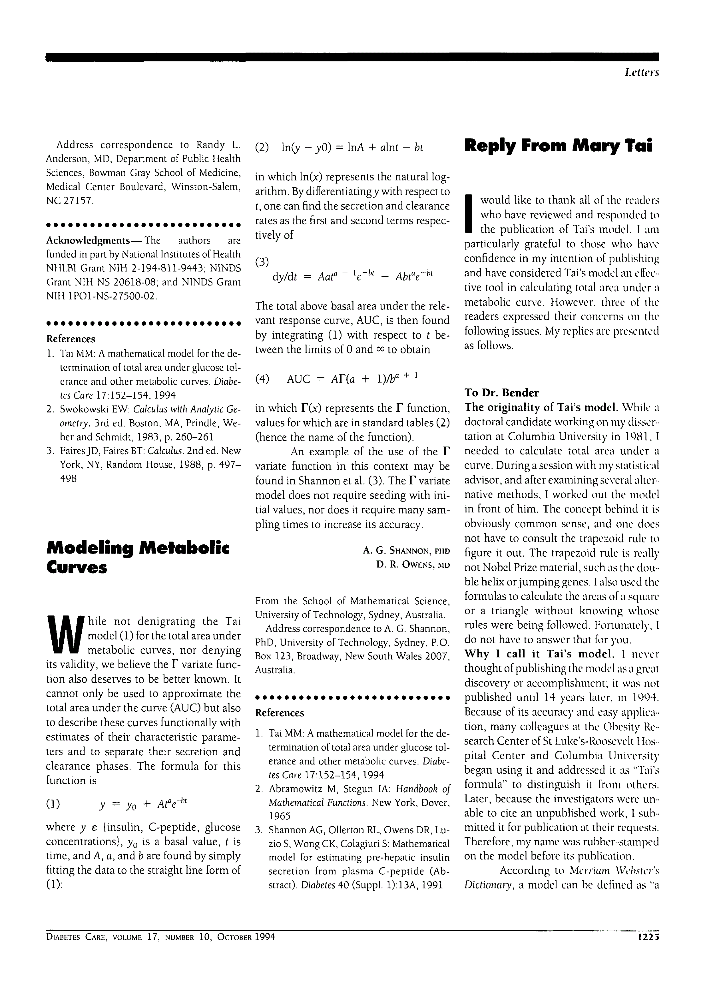 Reply From Mary Tai | Diabetes Care | American Diabetes Association