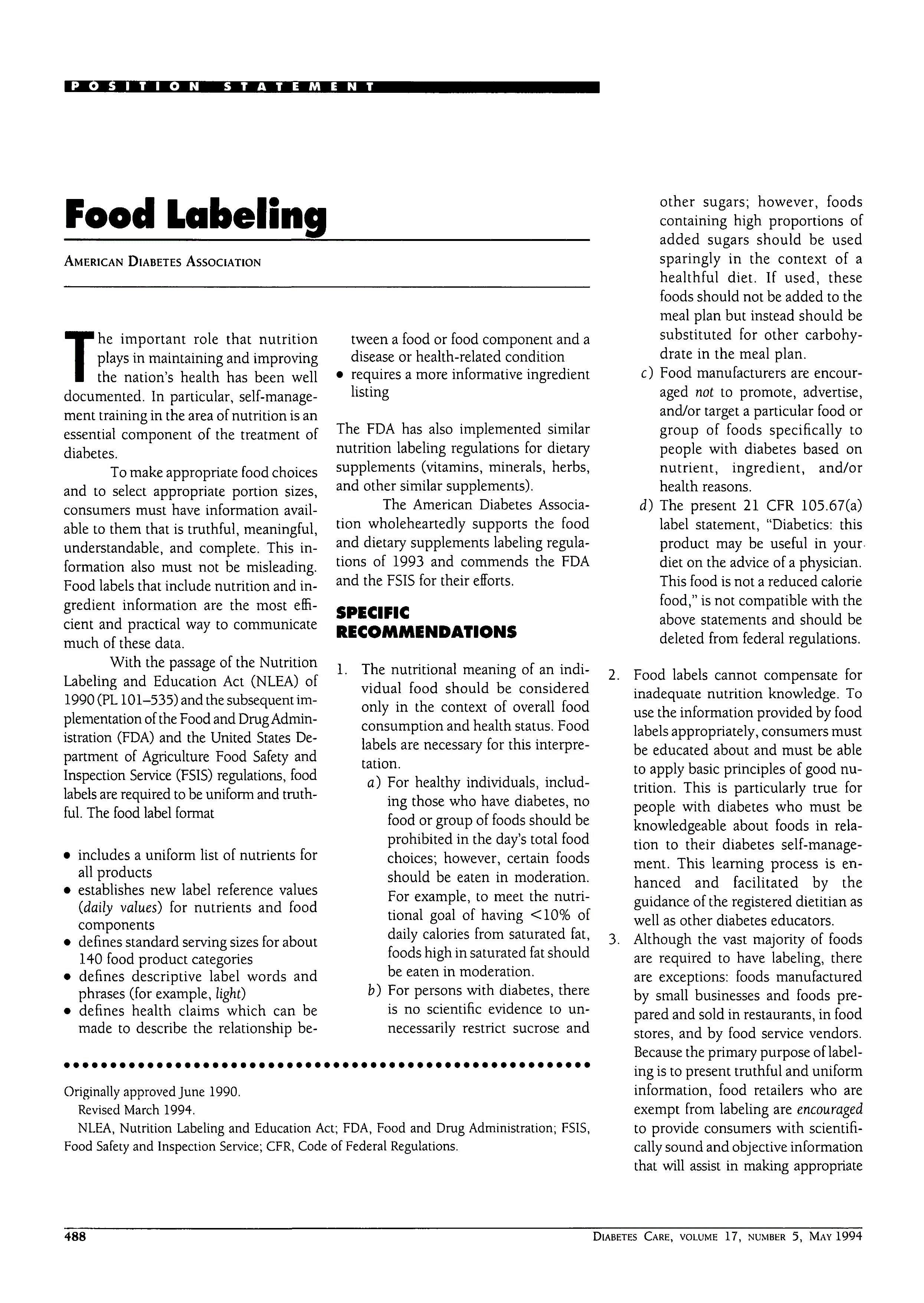 Food Labeling: American Diabetes Association | Diabetes Care | American ...
