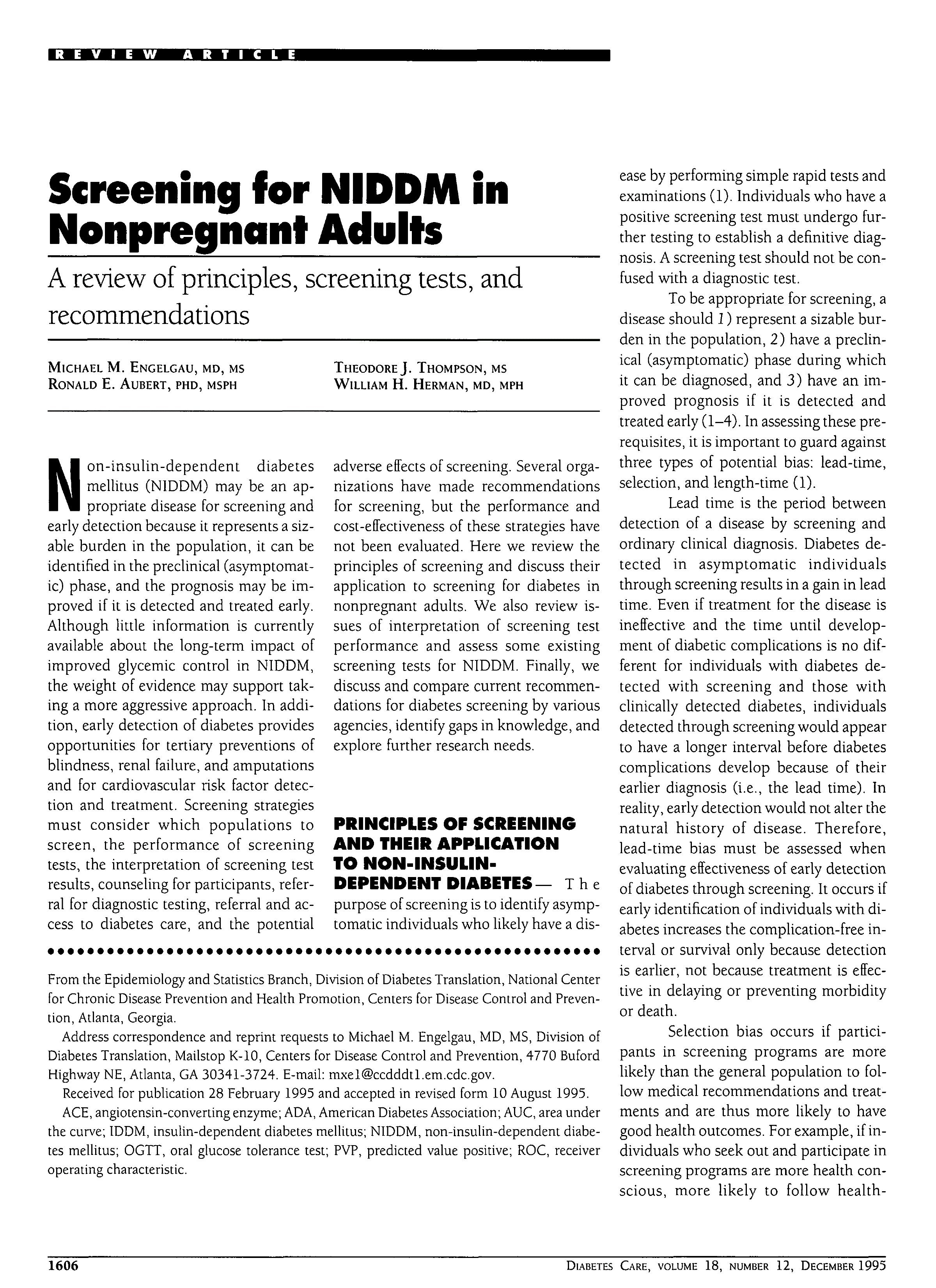 Screening for NIDDM in Nonpregnant Adults: A review of principles ...