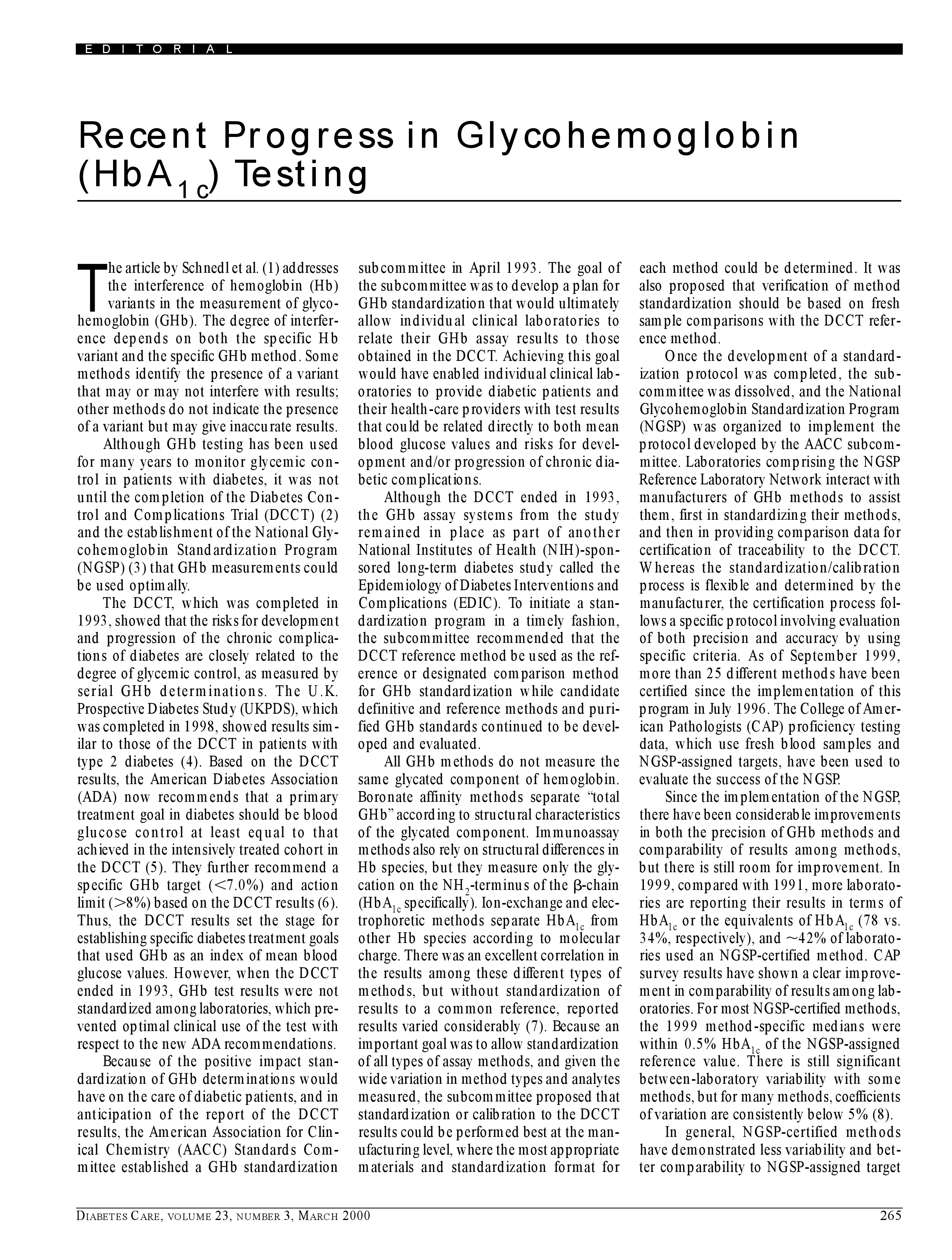 Recent progress in glycohemoglobin (HbA1c) testing. | Diabetes Care ...