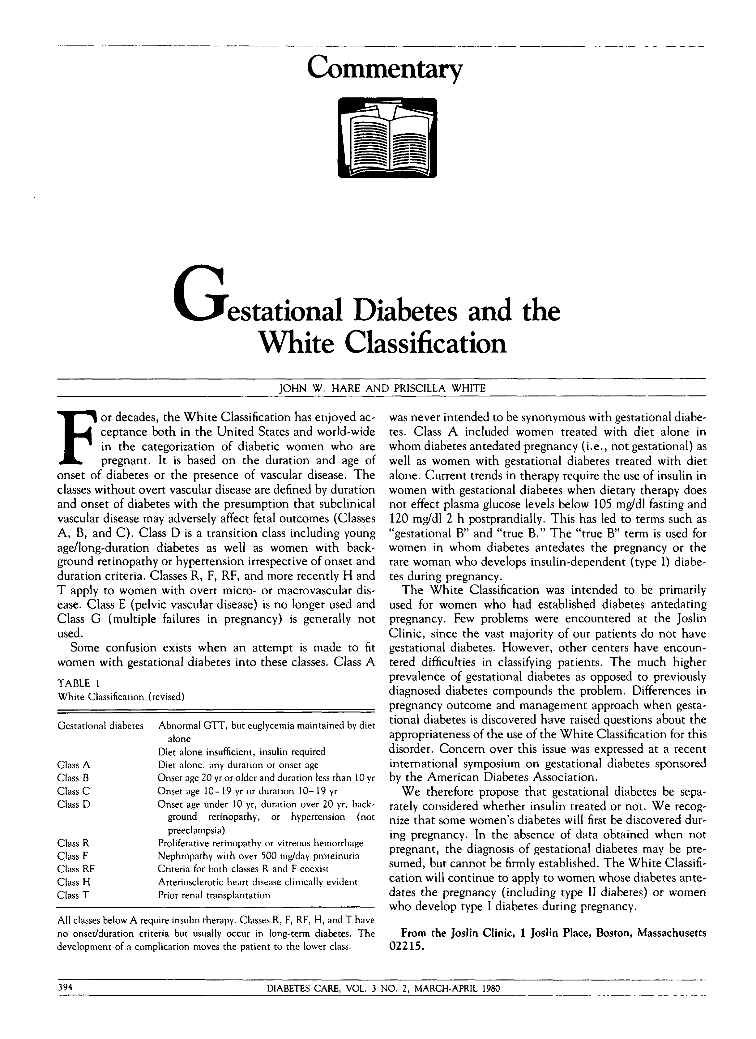 Gestational Diabetes and the White Classification | Diabetes Care ...