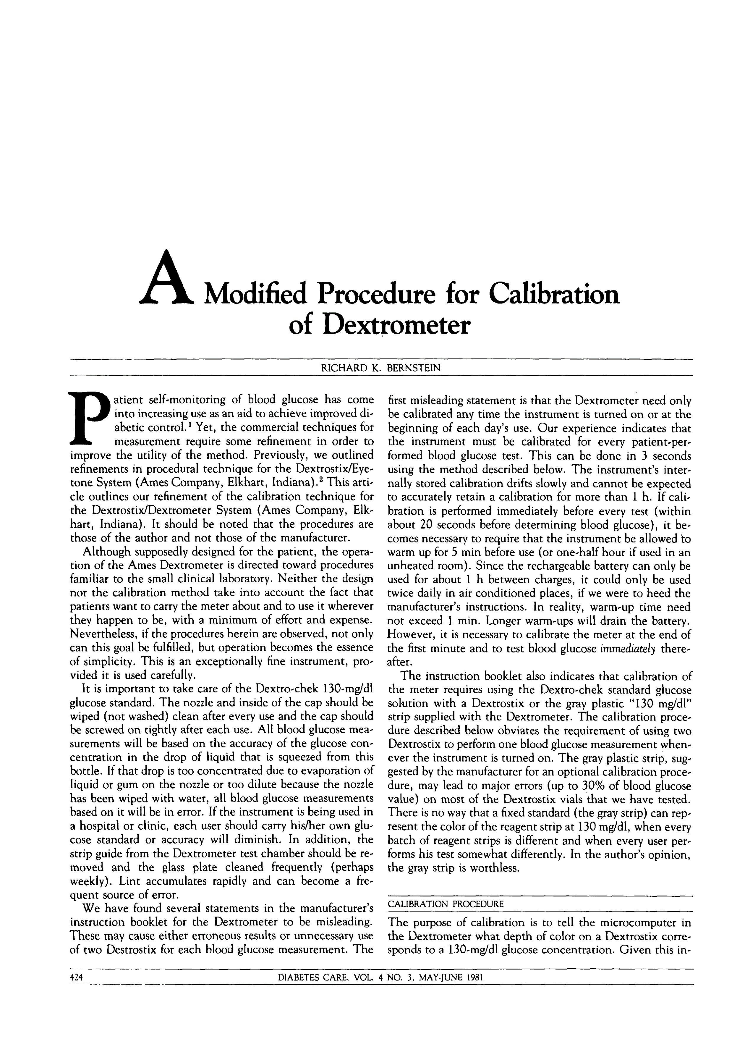 A Modified Procedure for Calibration of Dextrometer | Diabetes Care ...