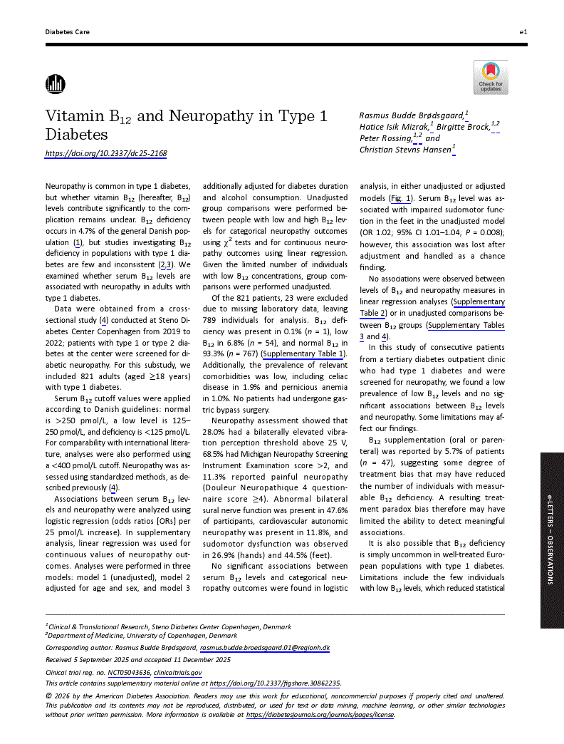 Vitamin B12 and Neuropathy in Type 1 Diabetes | Diabetes Care ...