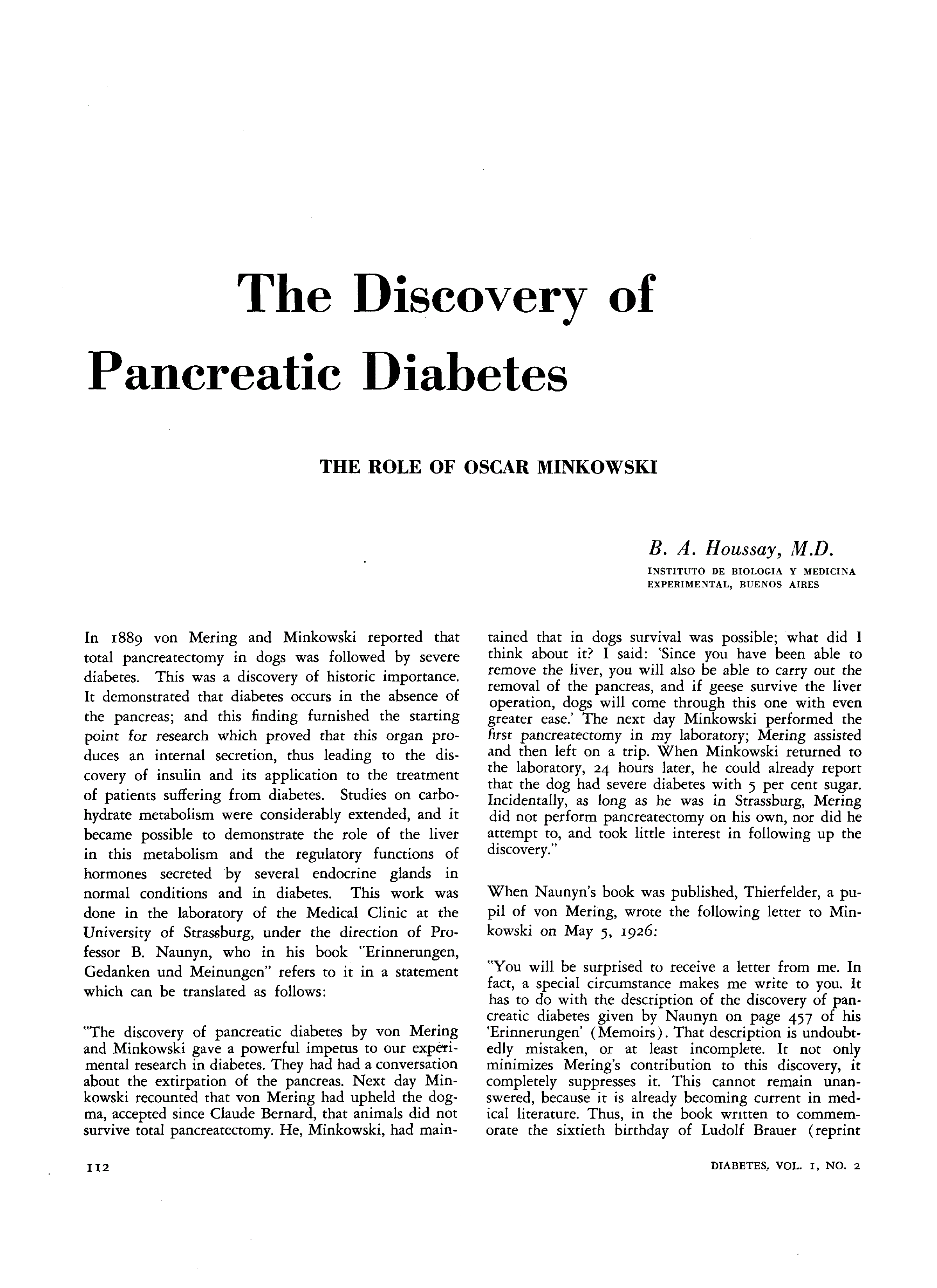 The Discovery of Pancreatic Diabetes: The Role of Oscar Minkowski ...
