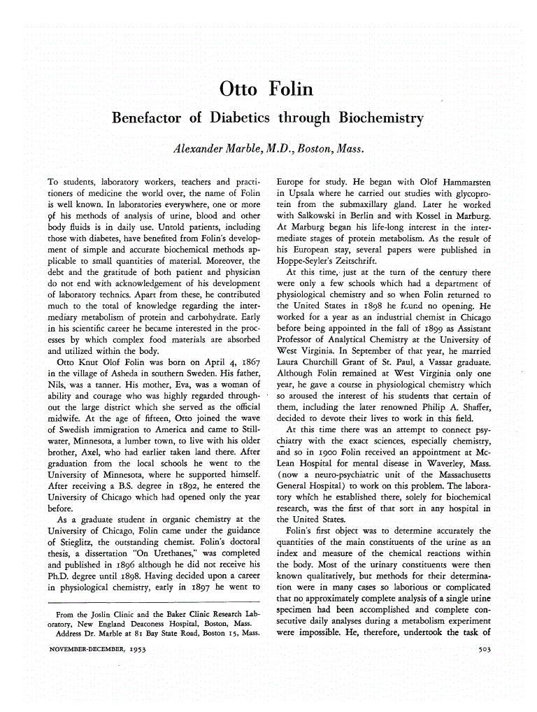 Otto Folin: Benefactor of Diabetics through Biochemistry | Diabetes ...