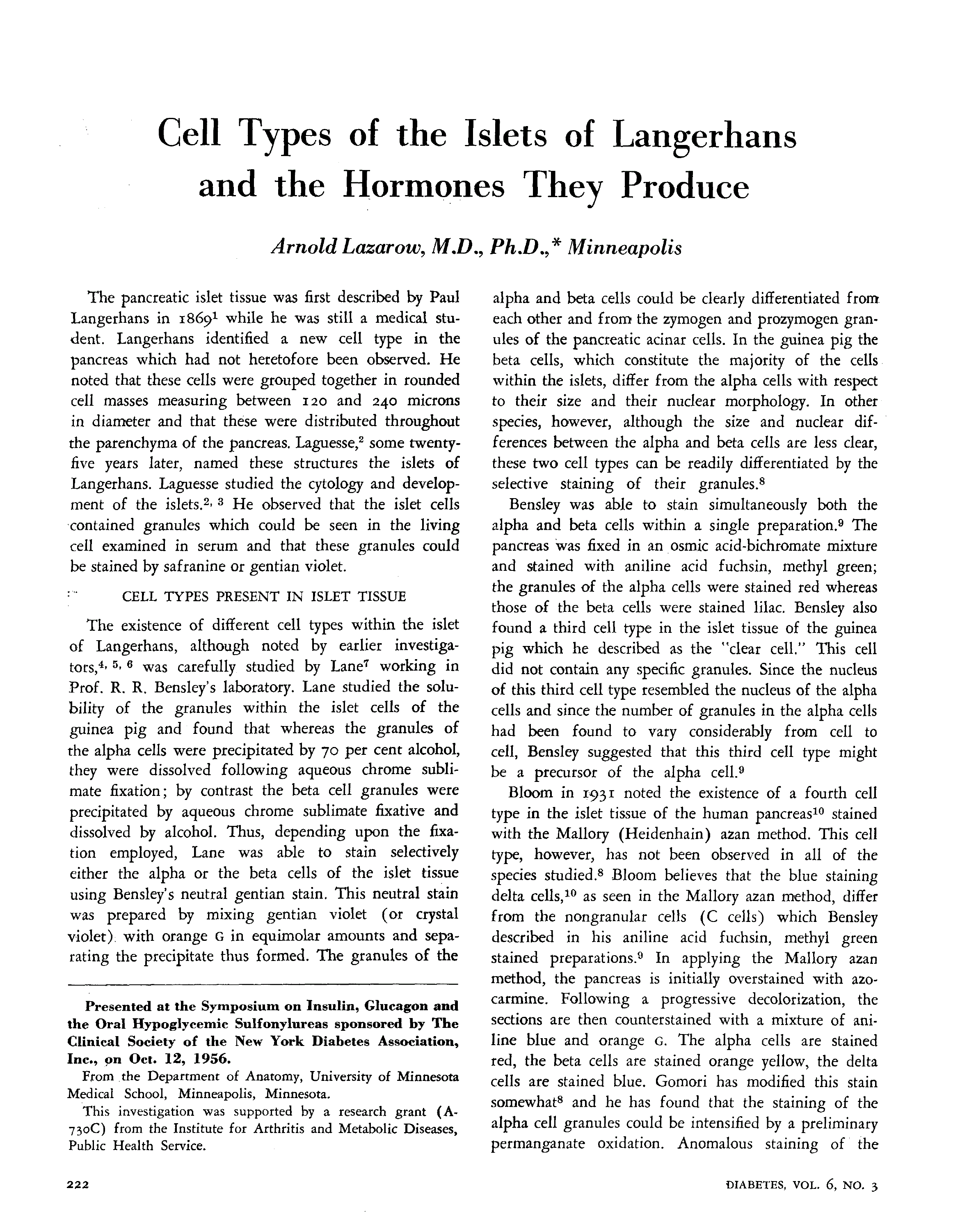Cell Types of the Islets of Langerhans and the Hormones They Produce ...