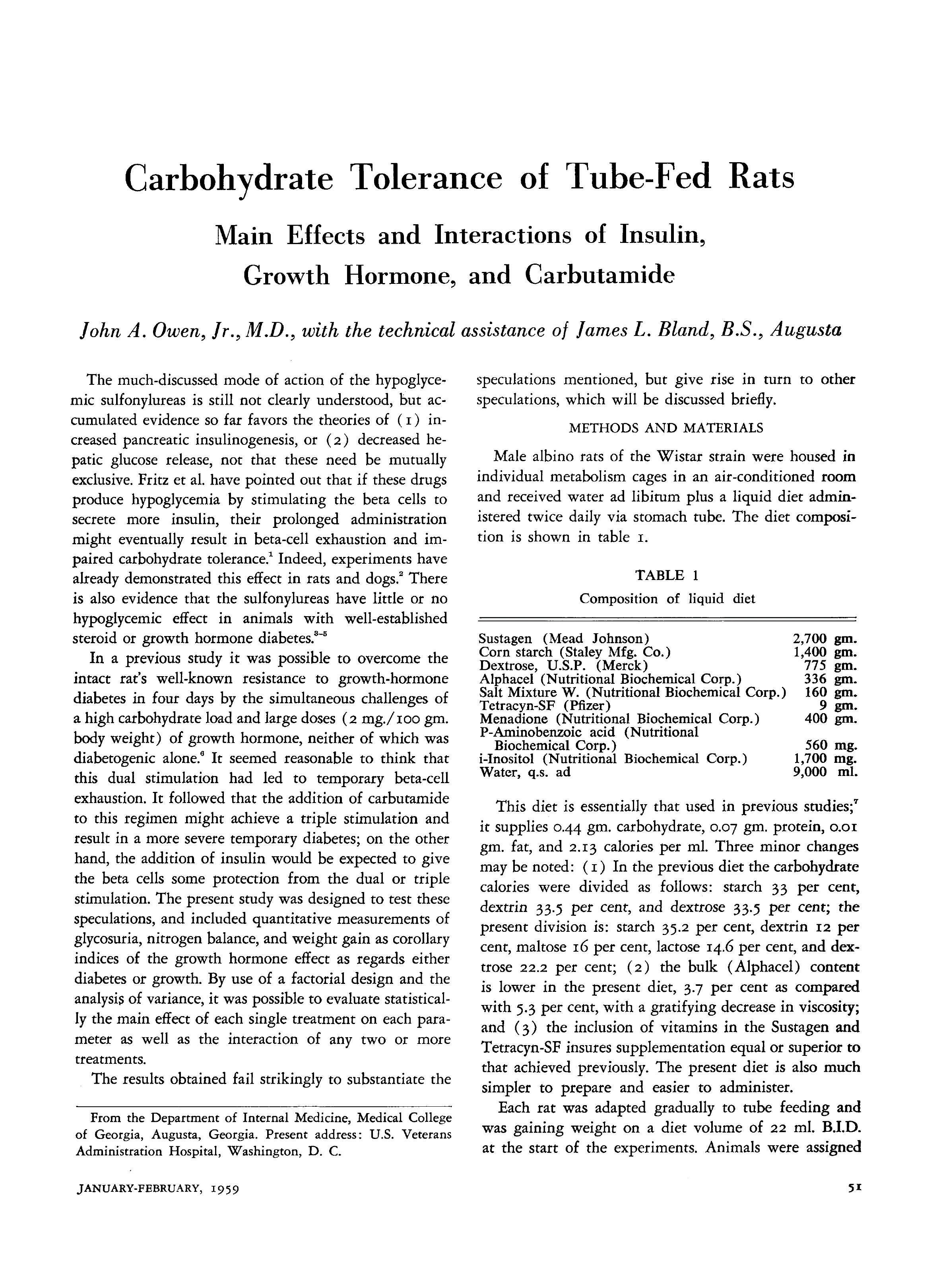 Carbohydrate Tolerance of Tube-Fed Rats: Main Effects and Interactions ...